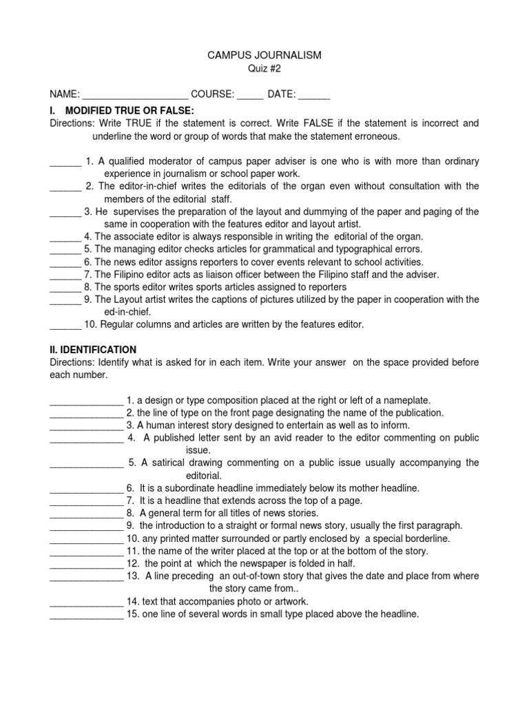 Campus Journalism - Quiz 1 | Download Free PDF | News | Journalism