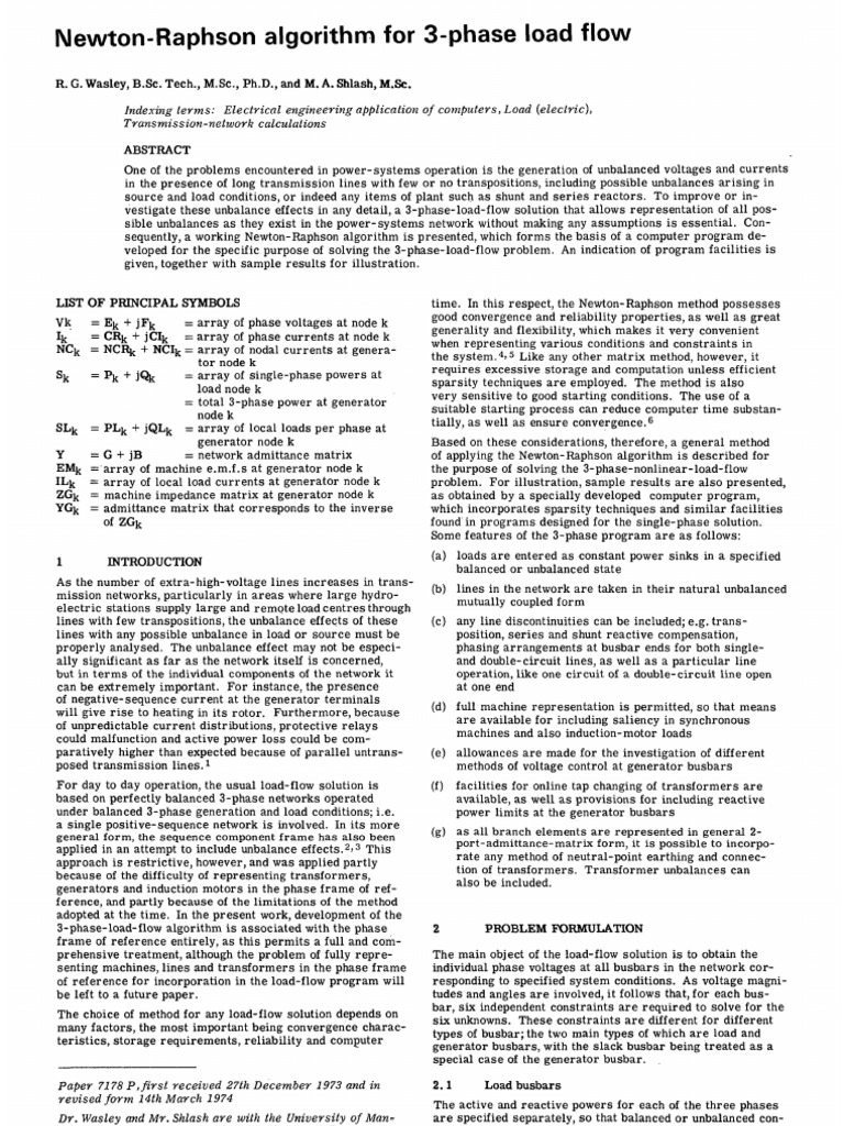 Newton-Raphson Algorithm For 3-Phase Load Flow: R. G. Wasley, B.Sc. Tech., M.SC, PH.D., and M. A ...