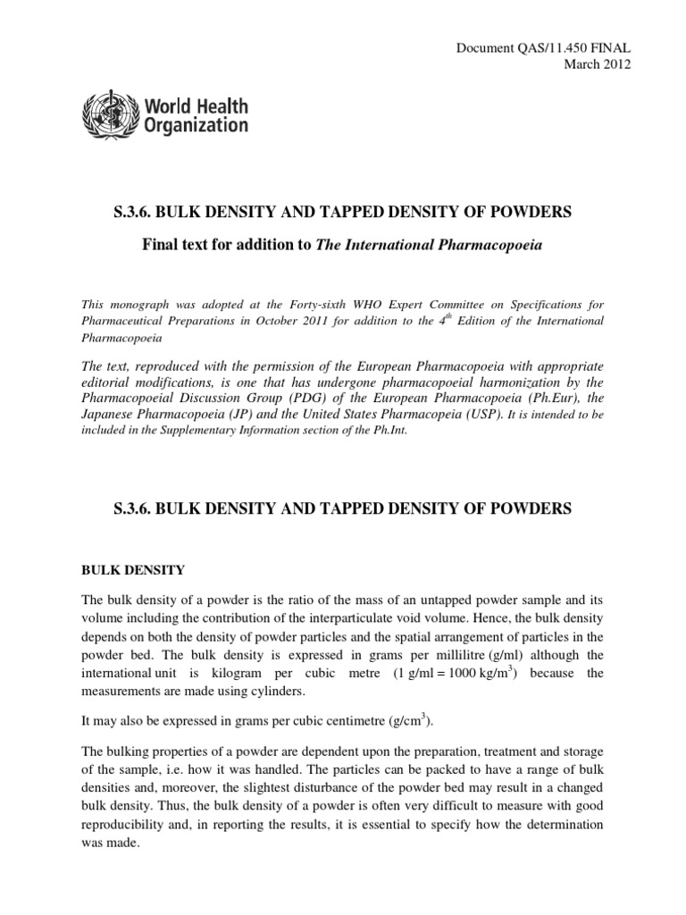 Bulk and Tapped Density of Powders | PDF | Density | Volume