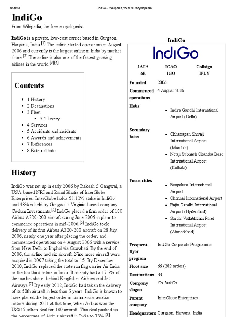 IndiGo - Wikipedia, The Free Encyclopedia | PDF | Airlines | Aviation