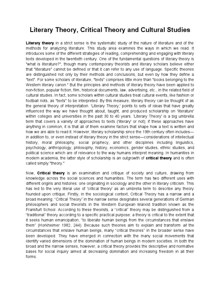 Literary Theory Critical Theory and Cultural Studies | PDF | Critical ...
