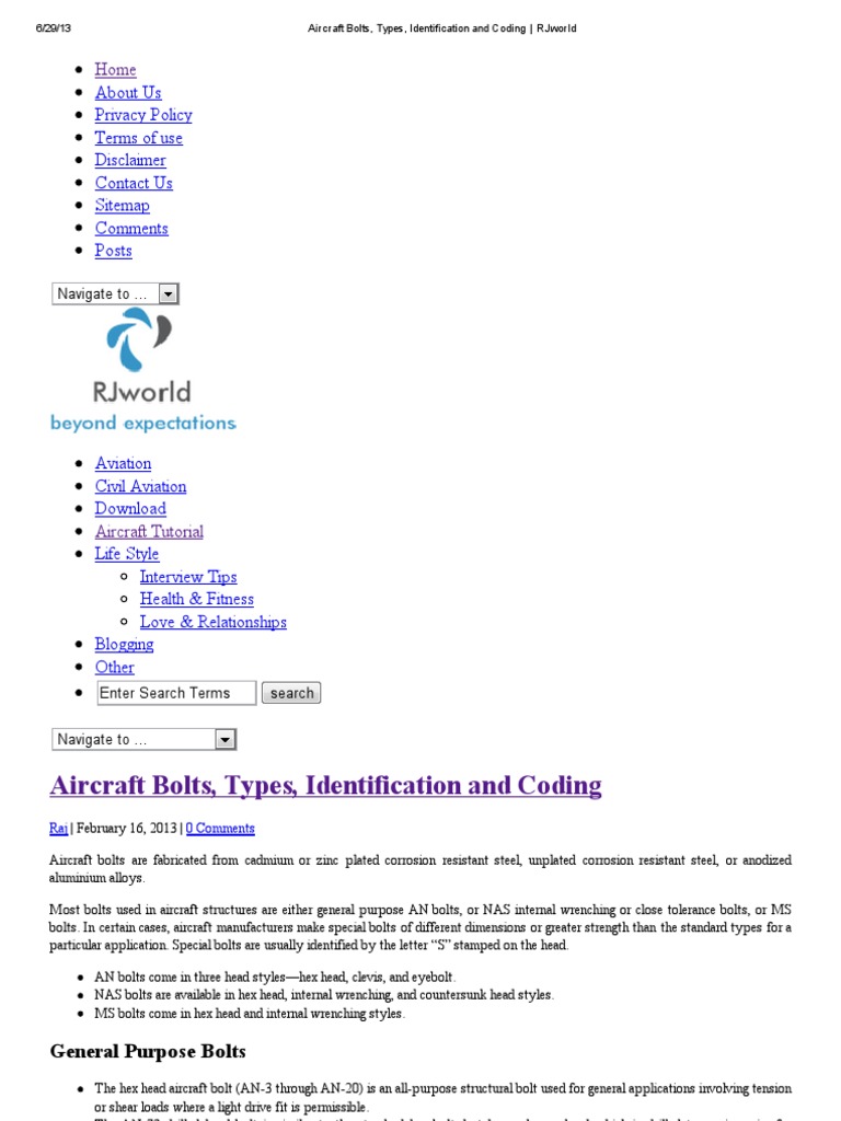 Aircraft Bolts, Types, Identification and Coding - RJworld | PDF ...
