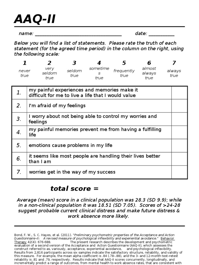 Assessment, Aaq II | Psychometrics | Reliability (Psychometrics) | Free ...