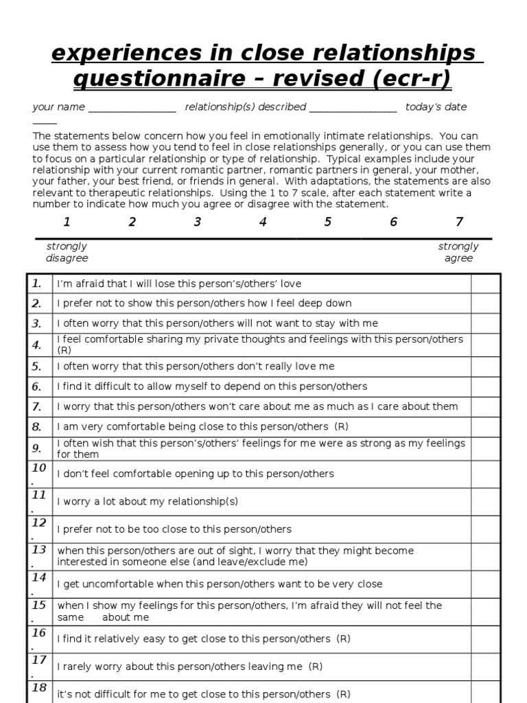 ECR-R Attachment Questionnaire Guide | PDF | Attachment Theory ...