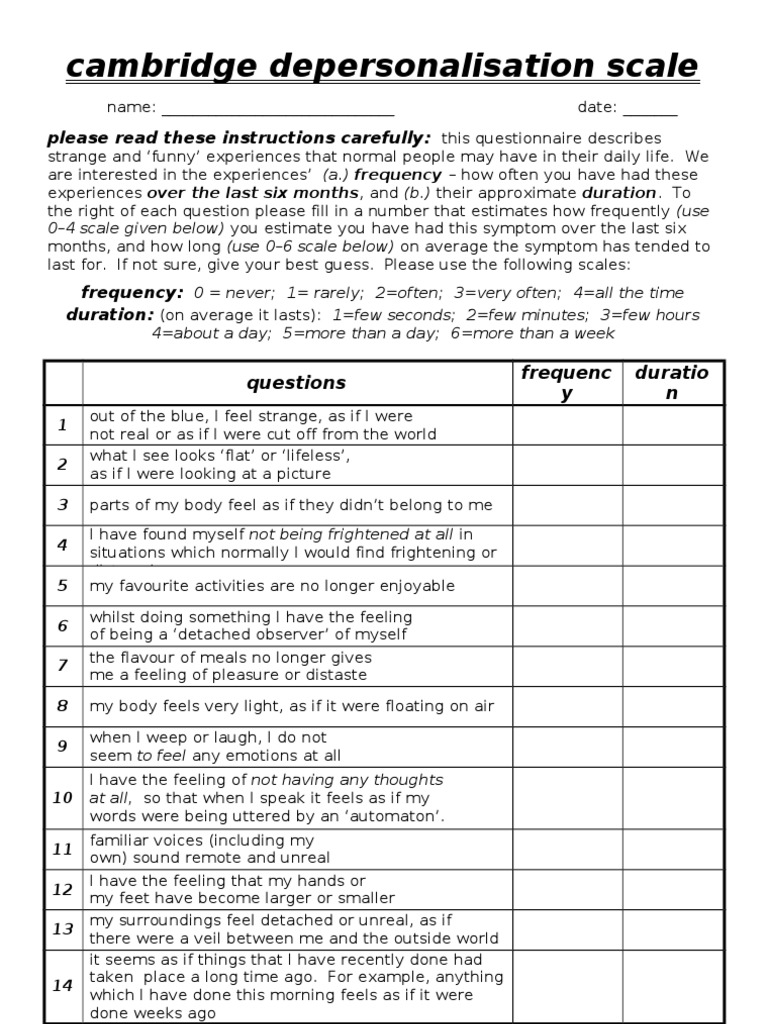 Assessment, Depersonalization, T | PDF | Psychiatry Related Fields ...
