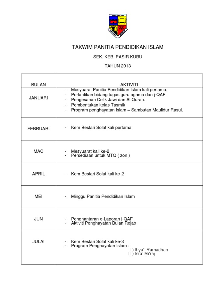 Takwim Panitia Pendidikan Islam 2013 | PDF | Agama & Spiritualitas