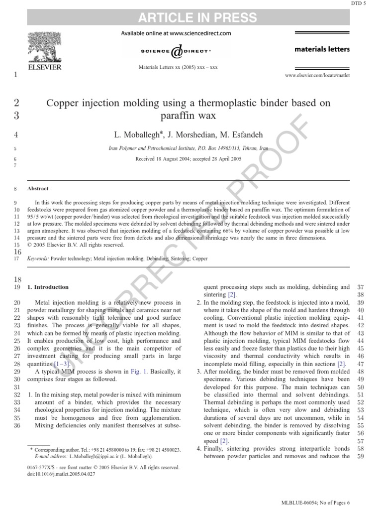 Copper Injection Molding Using A Thermoplastic Binder Based On Paraffin ...