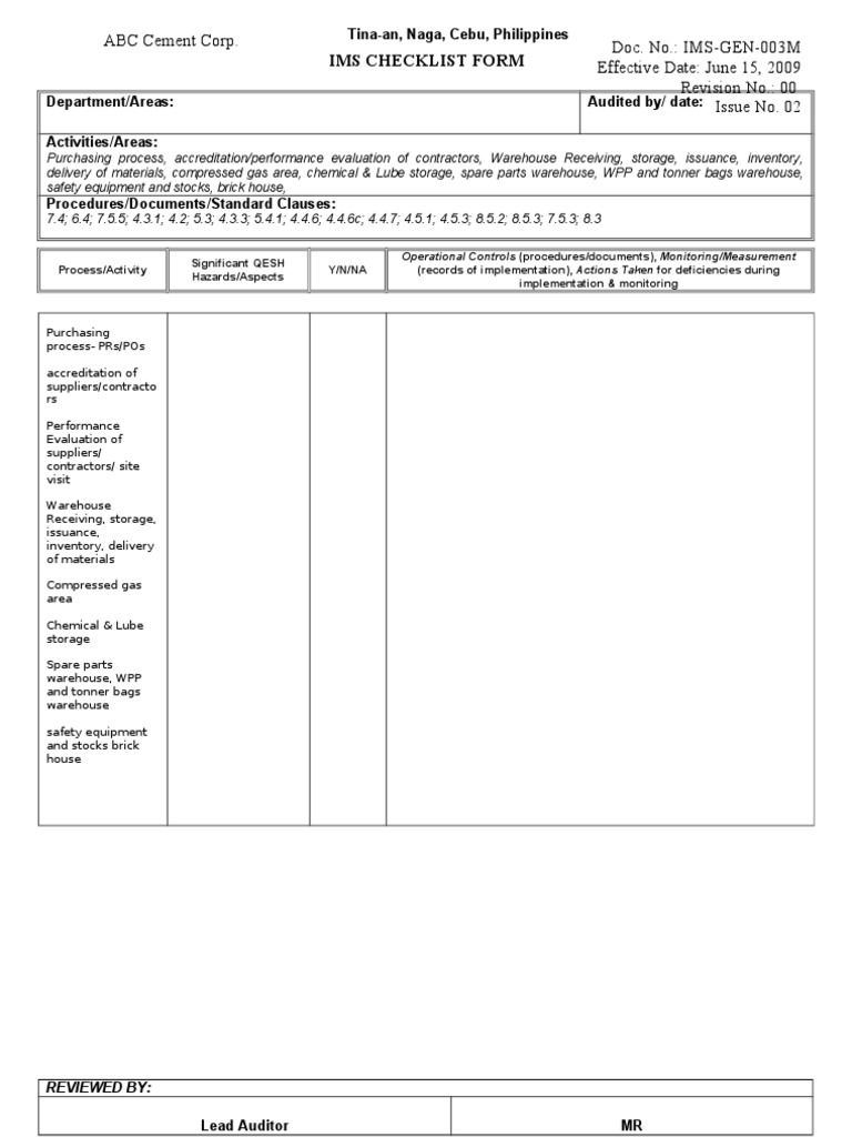 IMS-GEN-003M Audit Checklist On Warehouse and Purchasing | PDF