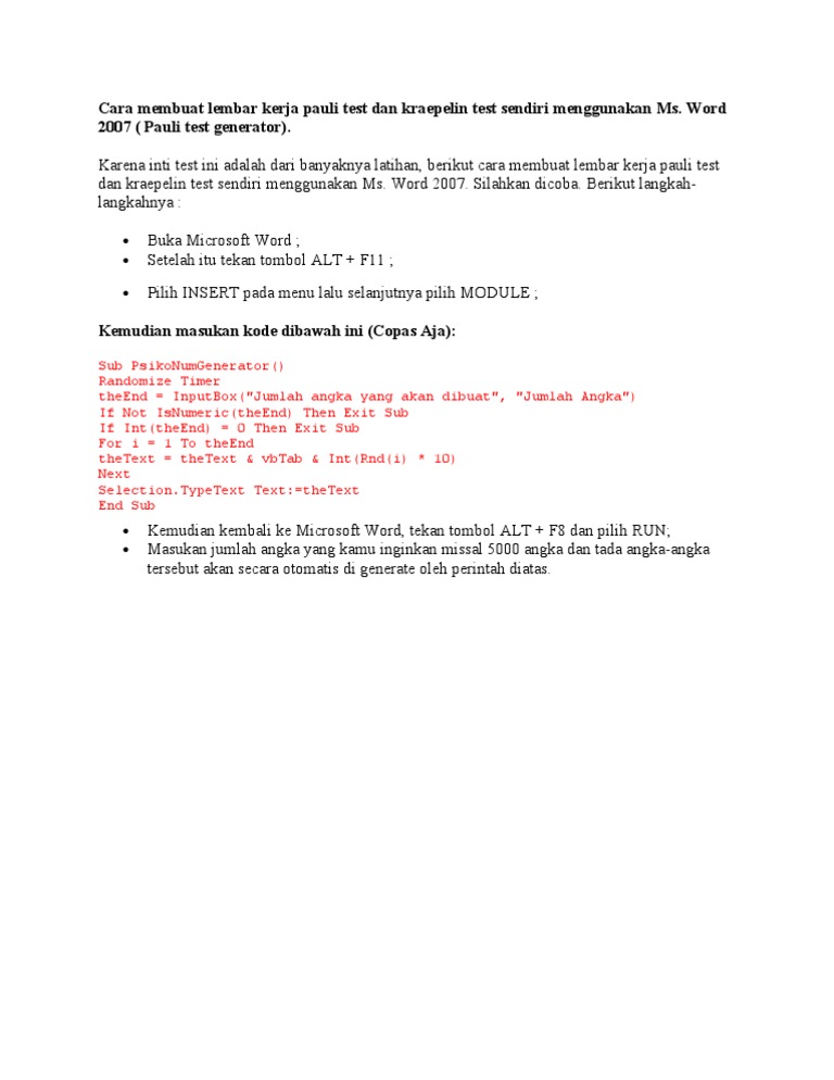 Cara Membuat Lembar Kerja Pauli Test | PDF