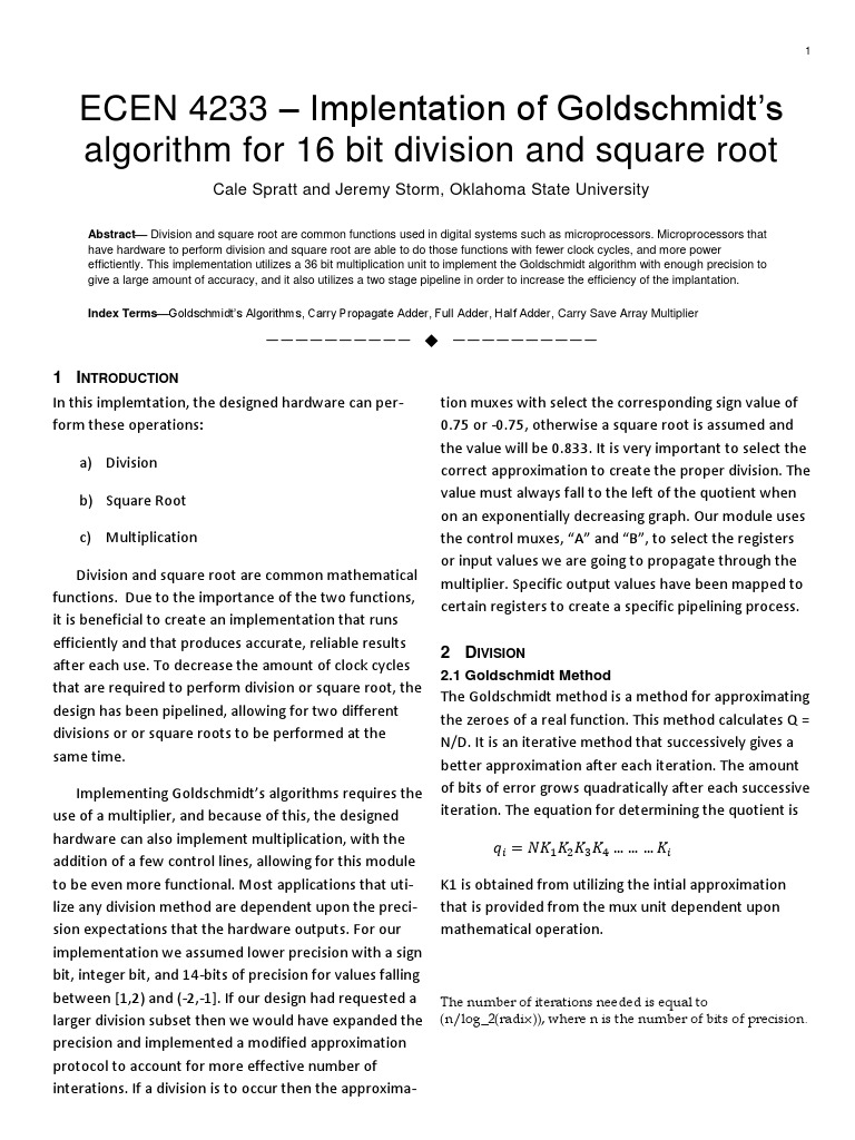 Implentation of Goldschmidt's Algorithm For 16 Bit Division and Square Root | PDF ...