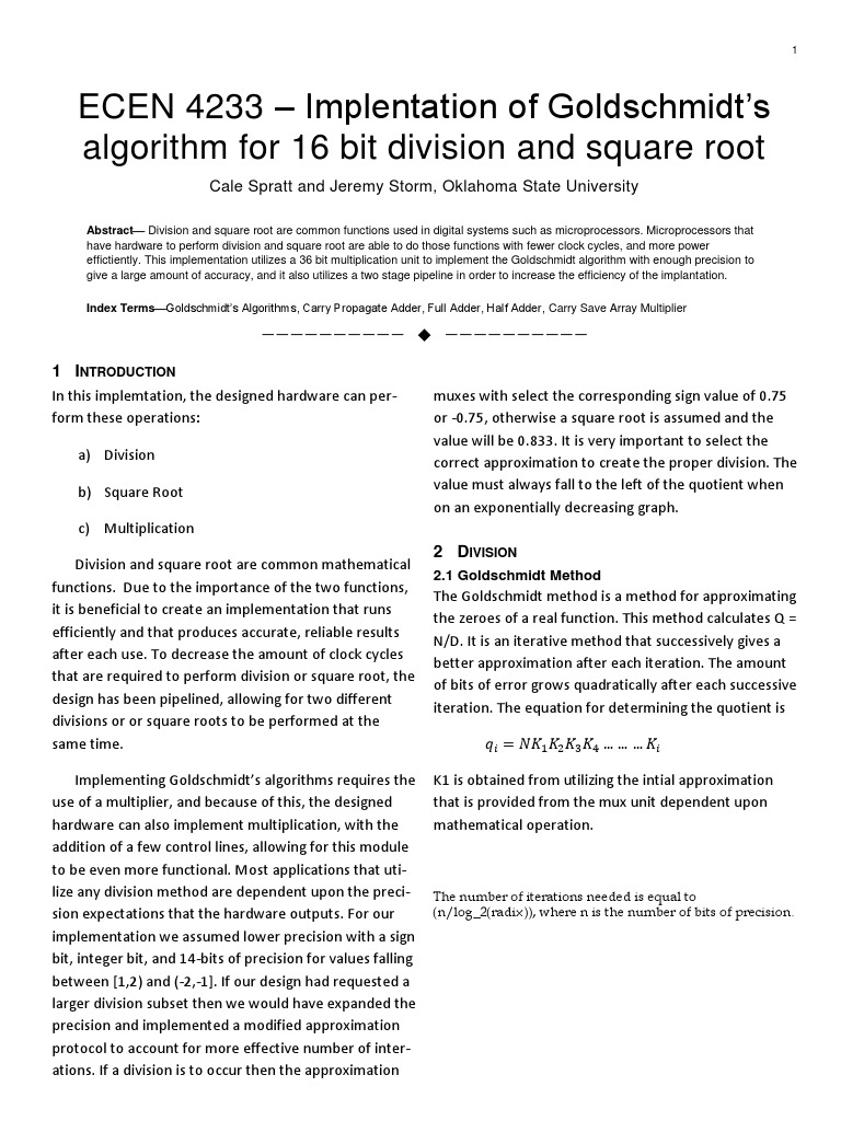ECEN 4233 - Implentation of Goldschmidt's Algorithm For 16 Bit Division ...