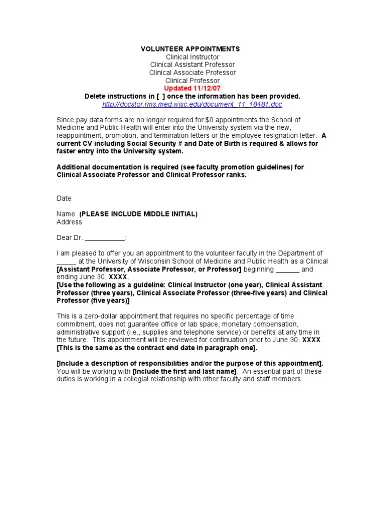 TEMPLATE Volunteer Appointment Letter | Identity Document | Volunteering