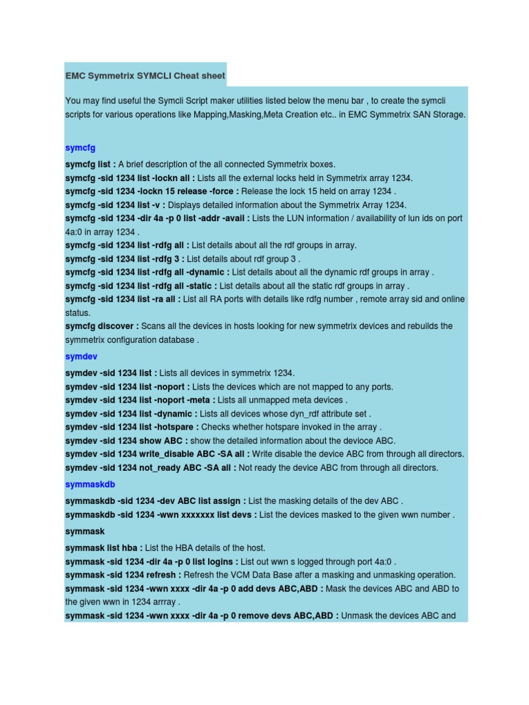 Emc Symmetrix Symcli Cheat Sheet Pdf Computer Architecture Computer Data Storage