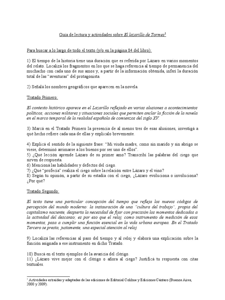 Guía de Lectura y Actividades Sobre El Lazarillo de Tormes | PDF ...