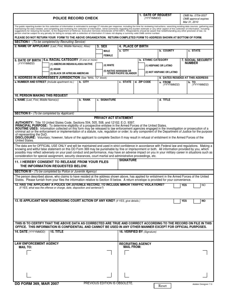 DD Form 369: Police Record Check | PDF | Race And Ethnicity In The ...
