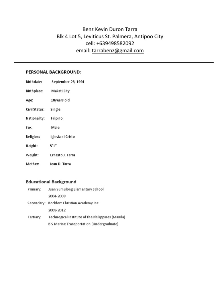 Resume: Benz Kevin Duron Tarra | PDF