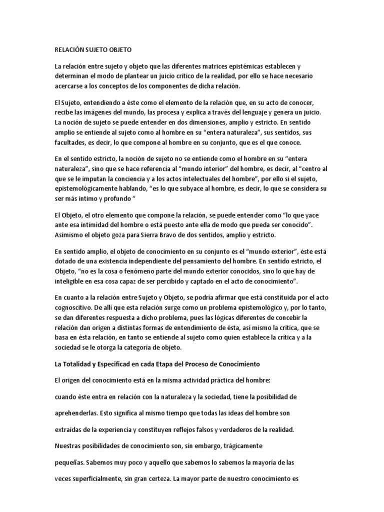 Relación Sujeto Objeto | PDF | Intuición | Conocimiento
