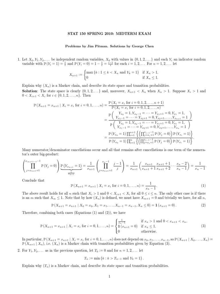 Problems by Jim Pitman. Solutions by George Chen | PDF | Markov Chain ...