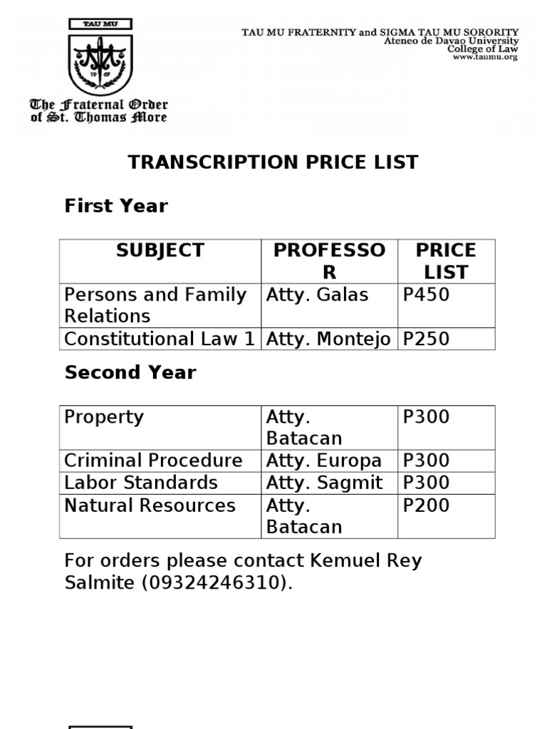 Transcription Price List First Year Subject Professo R Price List | PDF ...