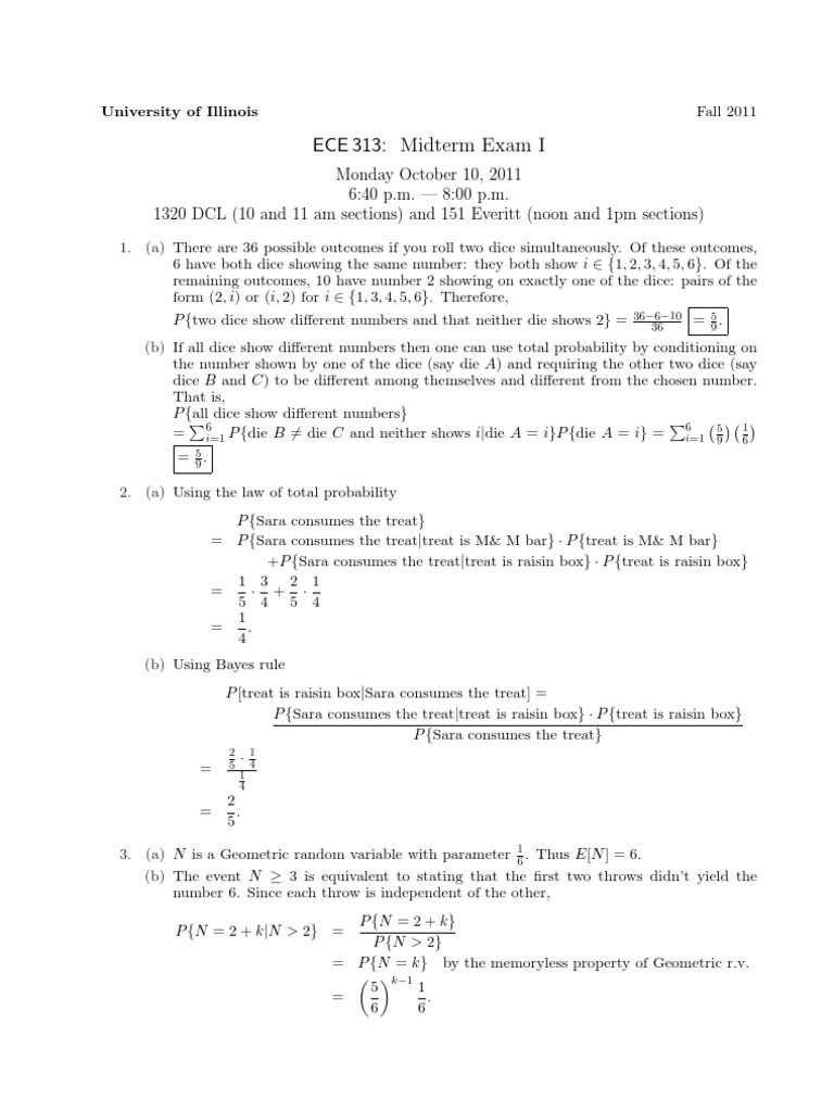 ECE 313: Midterm Exam I | PDF | Dice | Mathematical Problem Solving