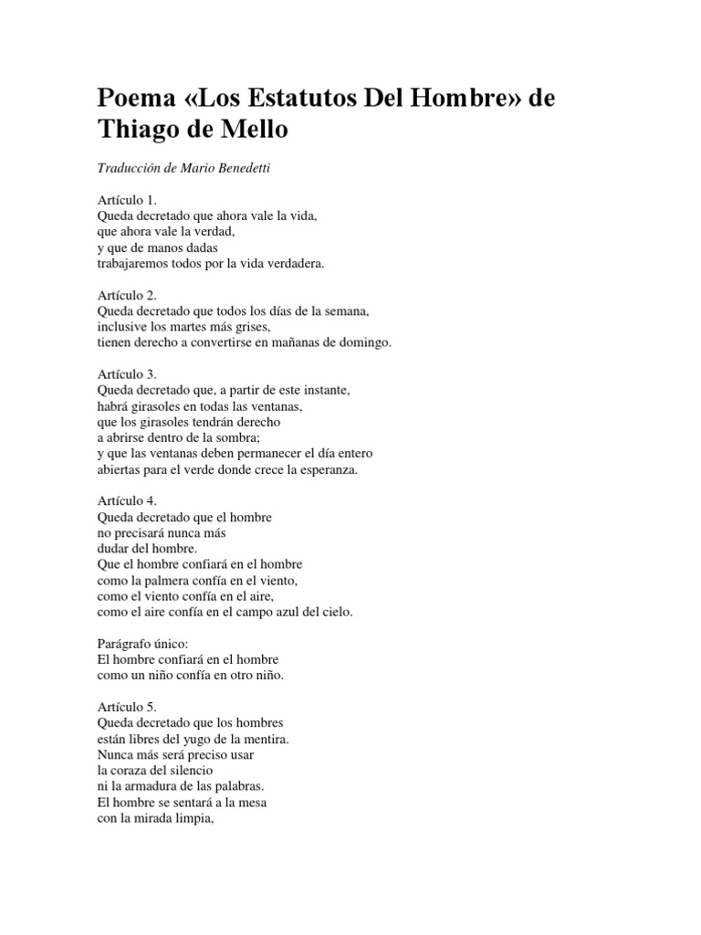 Poema Los Estatutos Del Hombre de Thiago de Mello | PDF