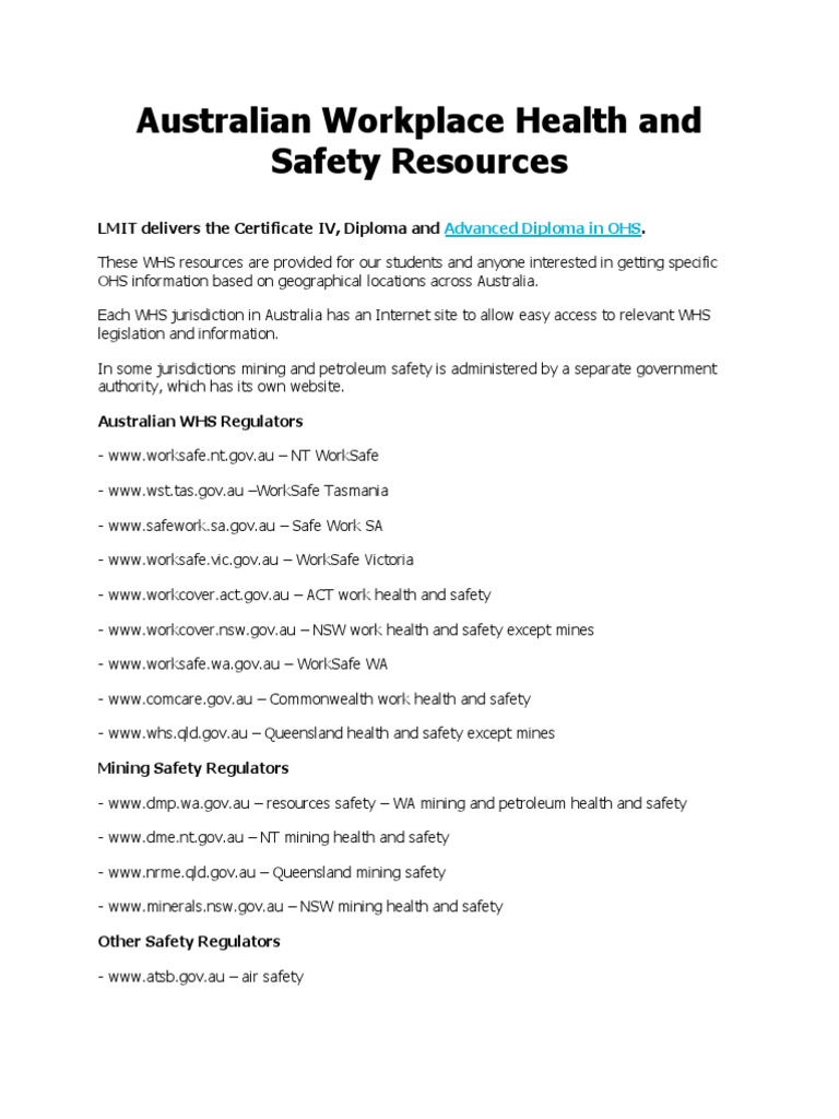 Australian Workplace Health and Safety Resources | Occupational Safety ...