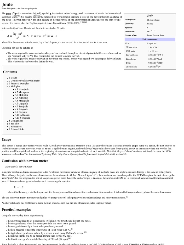 Joule - Wikipedia, The Free Encyclopedia | PDF | Quantity | Units Of ...