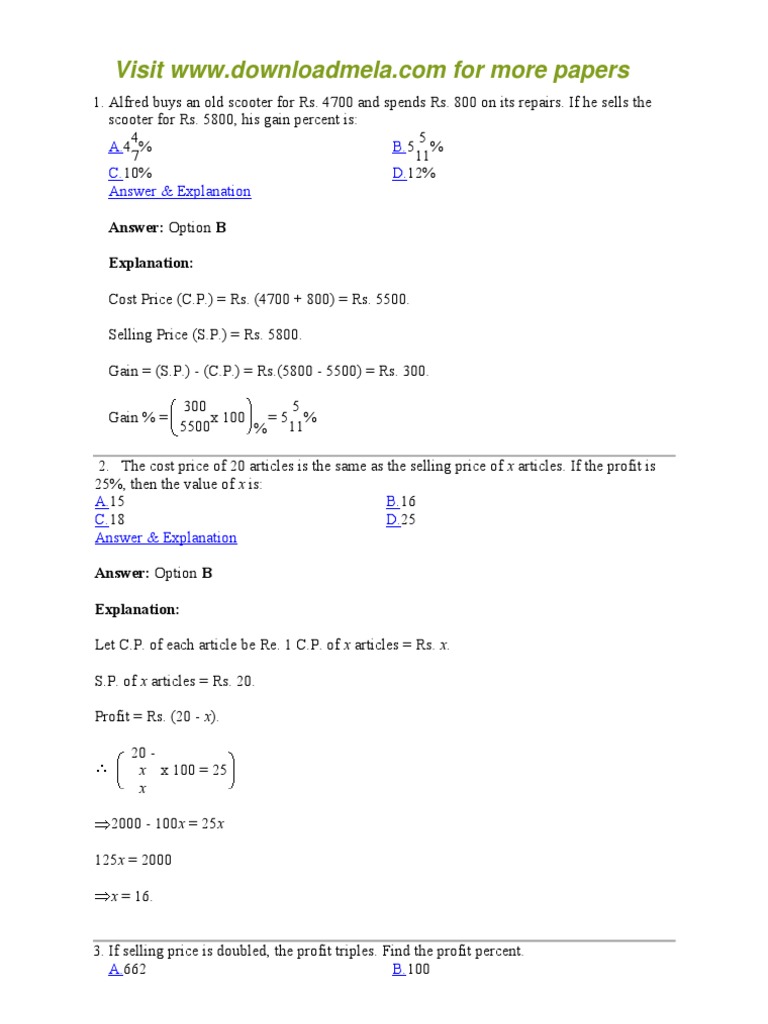 15 Profit Andprofit and Loss Formulas Loss Aptitude Questions With ...