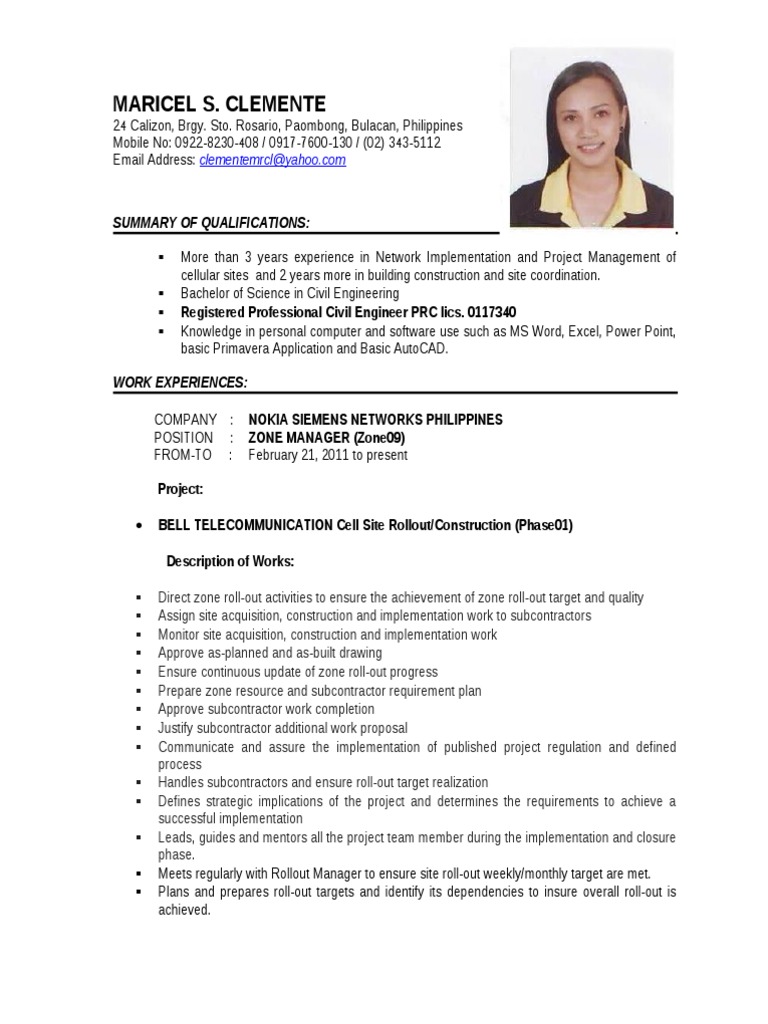 Maricel Clemente CV Civil Engineer | PDF | Engineer | Civil Engineering