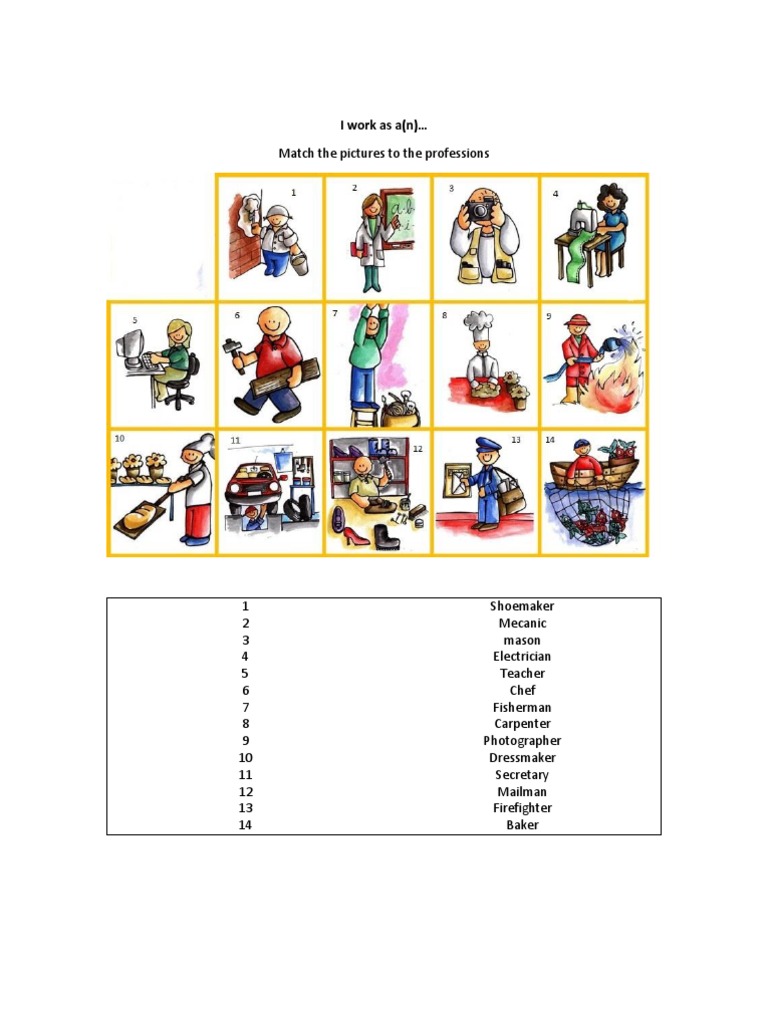 Match The Pictures To The Professions: I Work As A (N) | PDF | Teaching ...