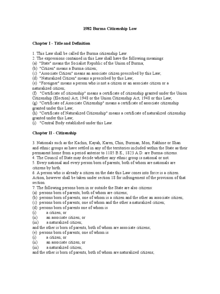 1982 Myanmar Citizenship Law Overview | PDF | Naturalization | Myanmar