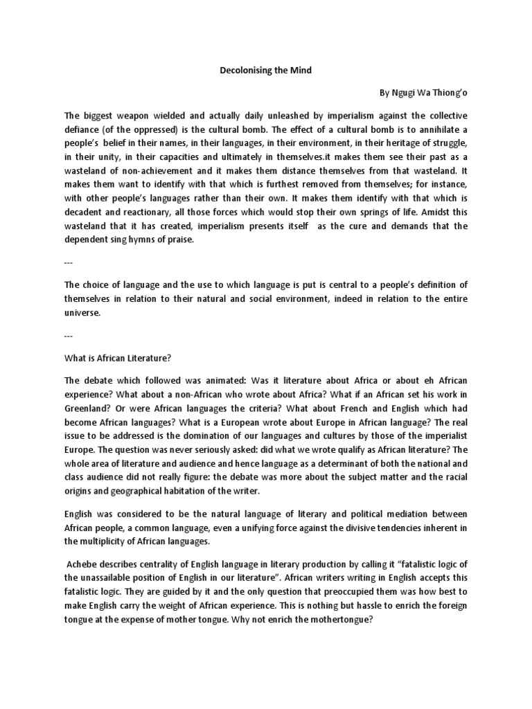 Decolonising The Mind Thiongo | PDF | Self | Value (Ethics)