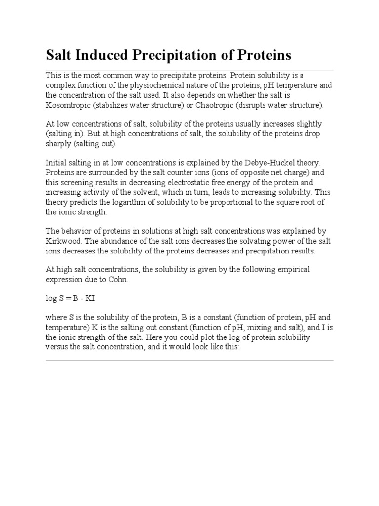 Salt Induced Precipitation of Proteins | PDF