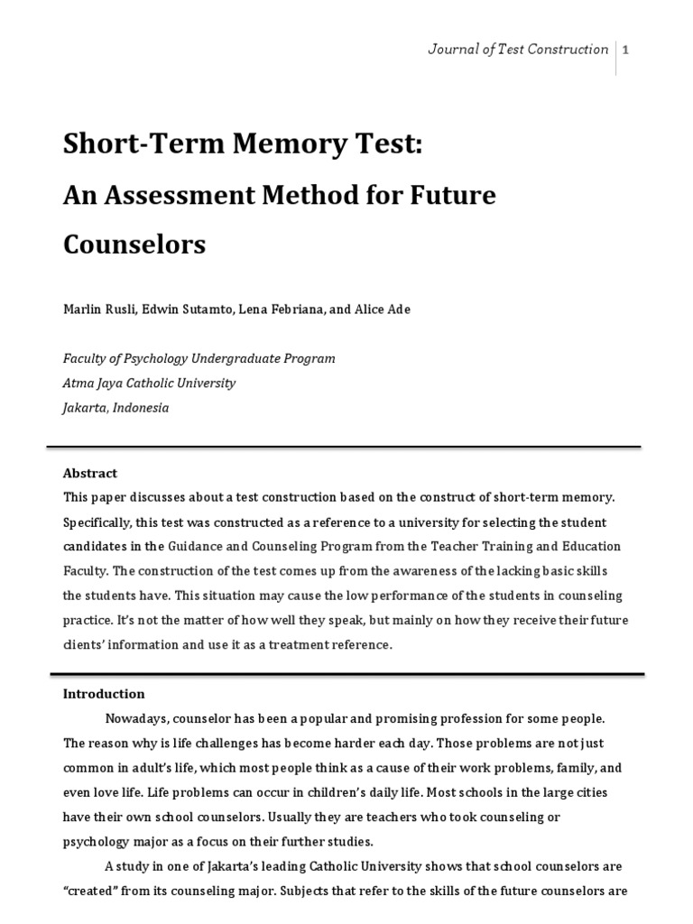 Short-Term Memory Test: An Assessment Method For Future Counselors ...