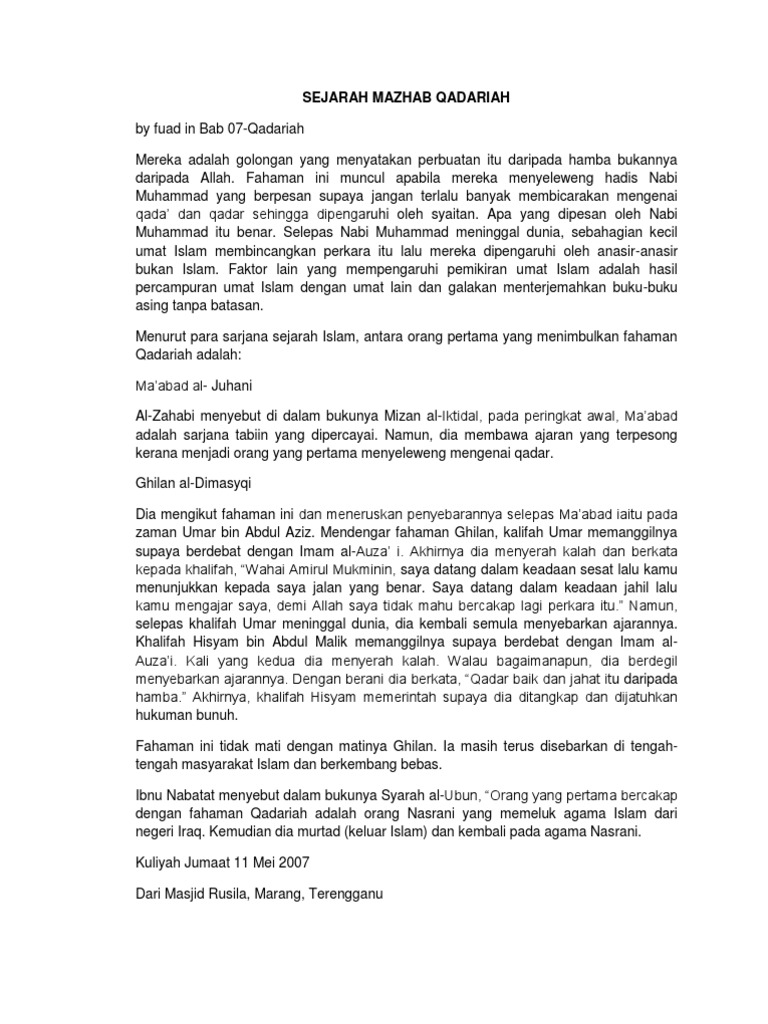 Sejarah & Pecahan Mazhab Qadariah | PDF | Ilmu Sosial | Agama ...