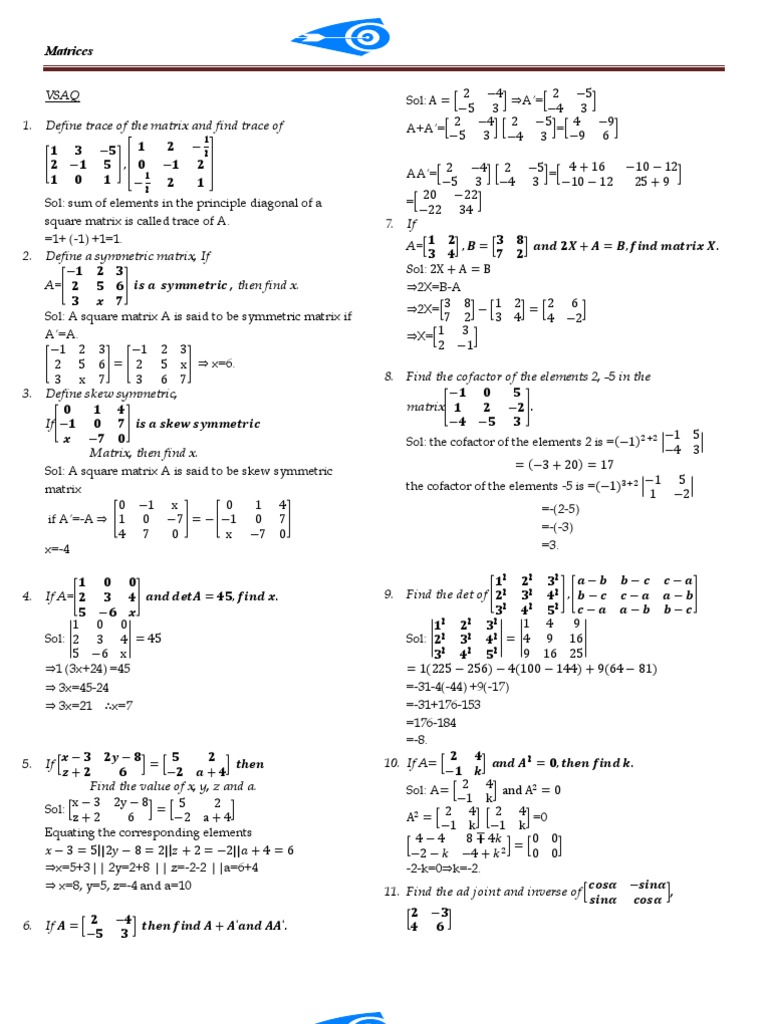 Matrices Inter First Year Important | PDF | Matrix (Mathematics ...