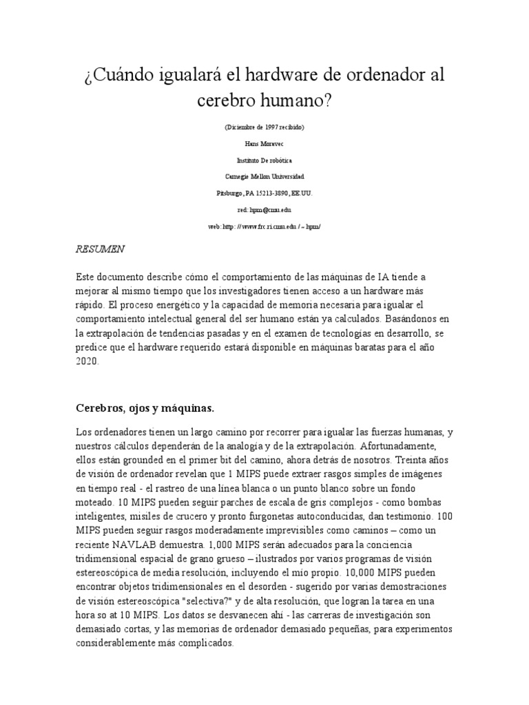 Hans Moravec. ¿Cuando Igualará El Hardware de Ordenador Al Cerebro ...