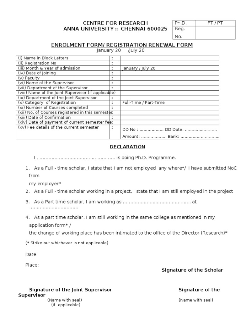 Ph.D. Enrollment Form - Anna University | PDF | Finance & Money Management