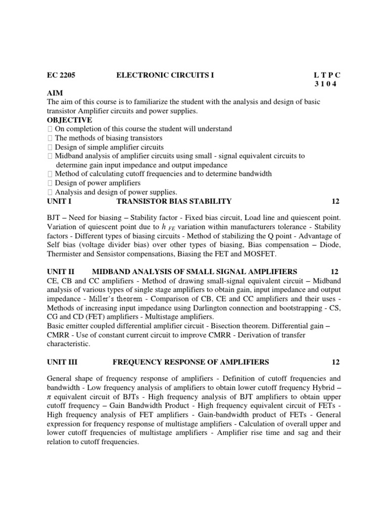 Electronic Circuits 1 Syllabus | PDF | Amplifier | Bipolar Junction Transistor