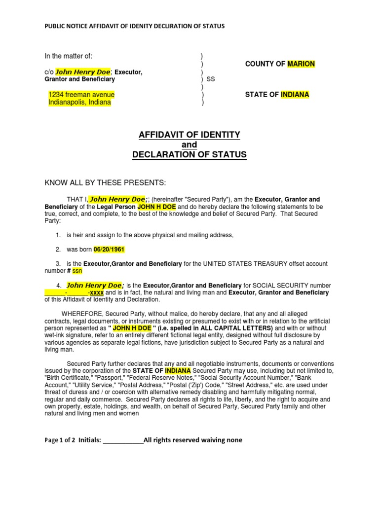 Affidavit of Identity and Status | PDF | Affidavit | Legal Personality