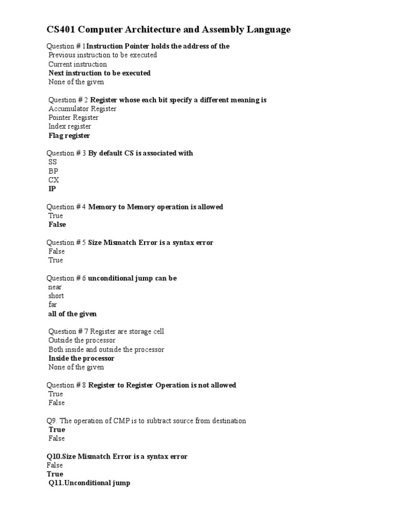 Cs401 Computer Architecture And Assembly Language 18 Pages Solved