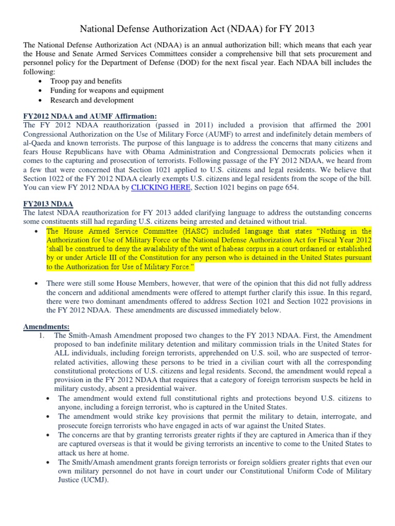 National Defense Authorization Act (NDAA) For FY 2013 | PDF | Habeas ...