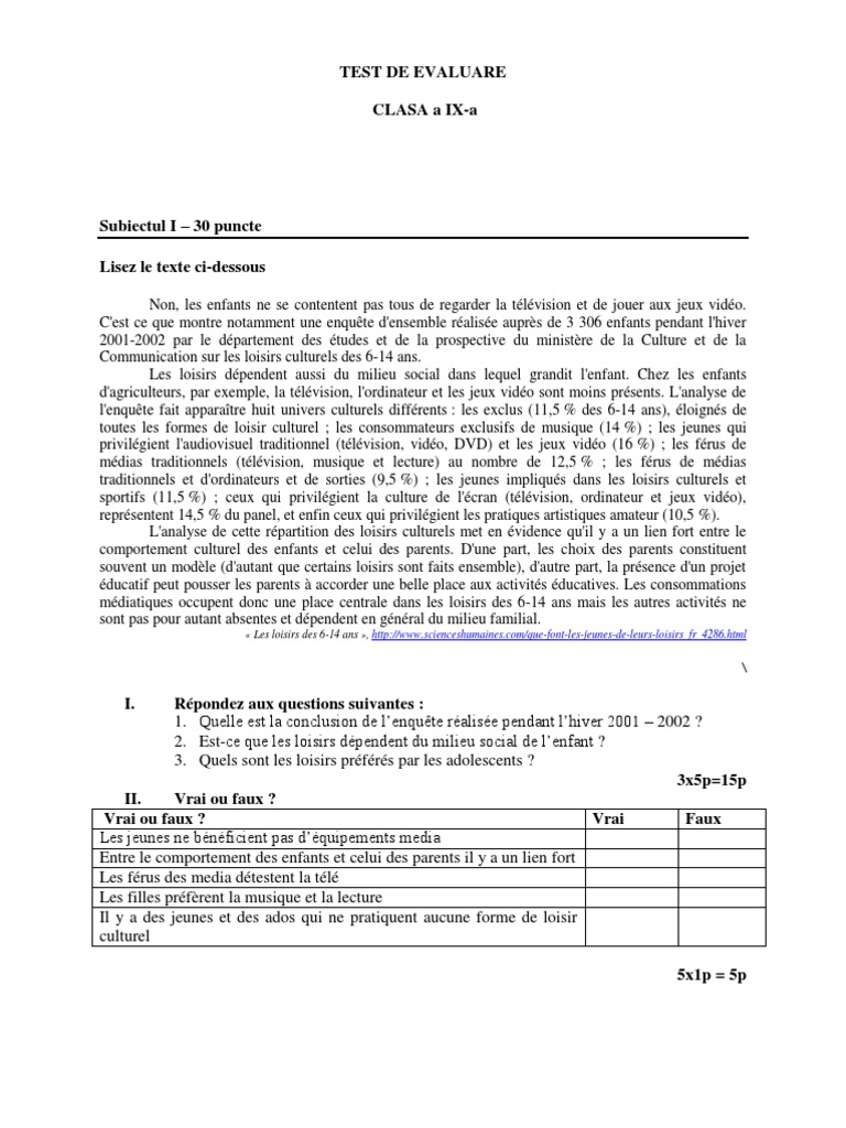 0 Test Franceza Clasa Ix | PDF