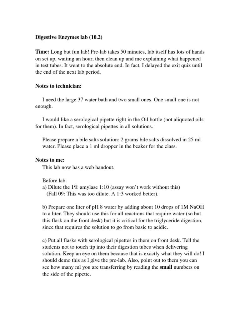 Digestive Enzymes Lab (10.2) Time: Long But Fun Lab! Pre-Lab Takes 50 ...