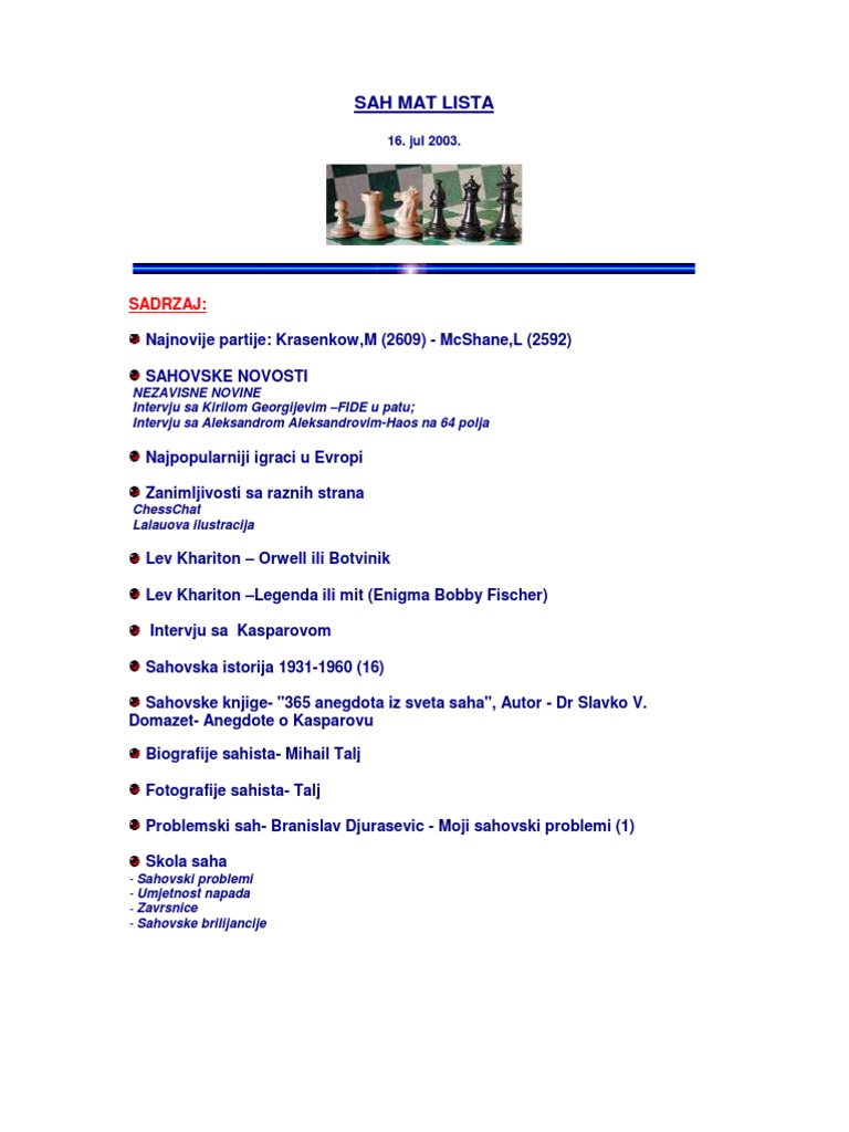 Sah Mat Lista: Sadrzaj | PDF