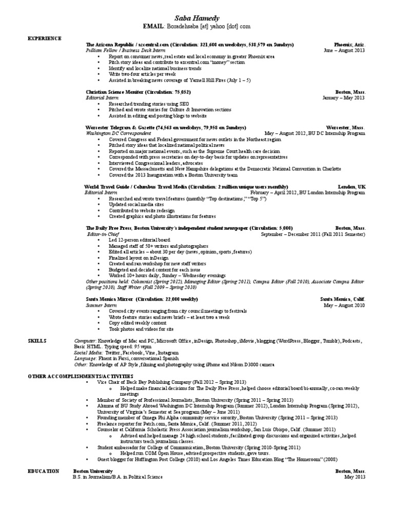 Saba Hamedy Fall 2013 Resume | PDF | News | Editing