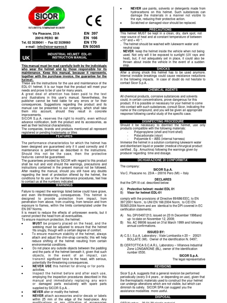 EN 397 EN 166 EN 170 EN 50365: Precautions | PDF | Screw | Water