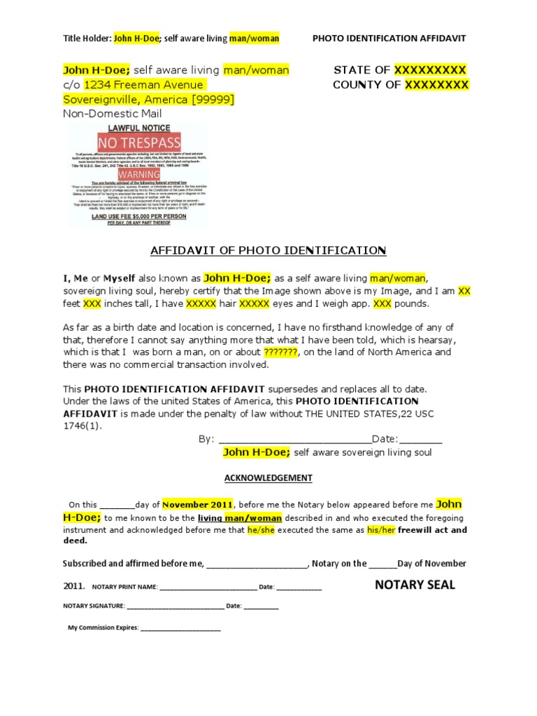 Photo Identification Affidavit Template | Notary Public | Civil Law ...