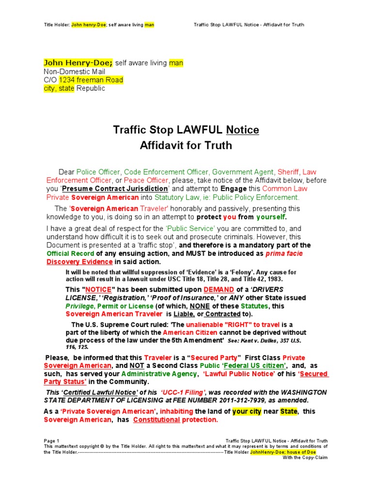 Traffic Stop LAWFUL Notice | PDF | Fifth Amendment To The United States ...