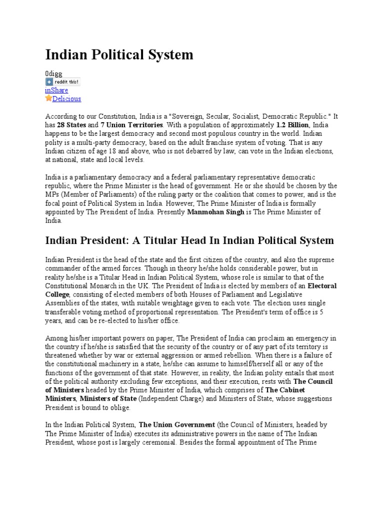 Indian Political System | PDF | Politics Of India | Government Of India